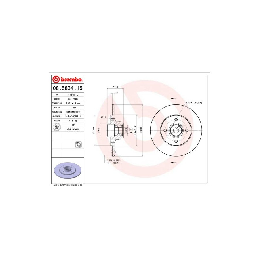 Brake Disc BEARING DISC LINE 08.5834.15 Brembo | Winparts.ie - Brake discs