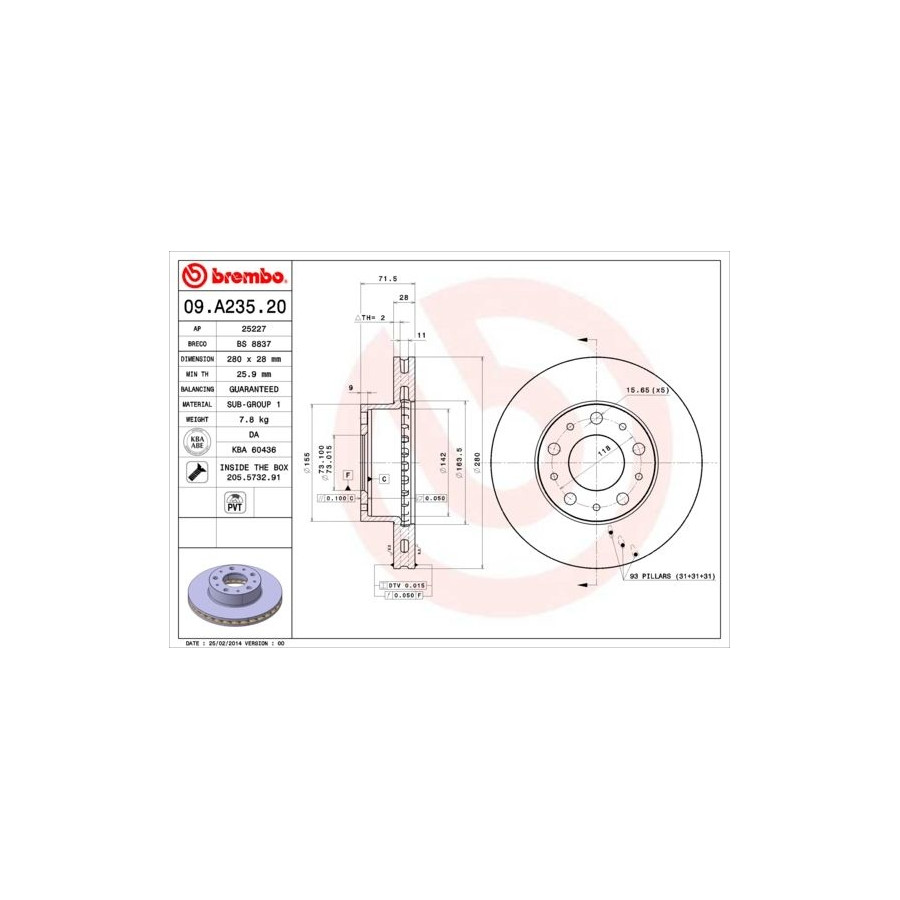 Remschijf 09.A235.20 Brembo voor FIAT DUCATO Open laadbak/ Chassis (250 ...